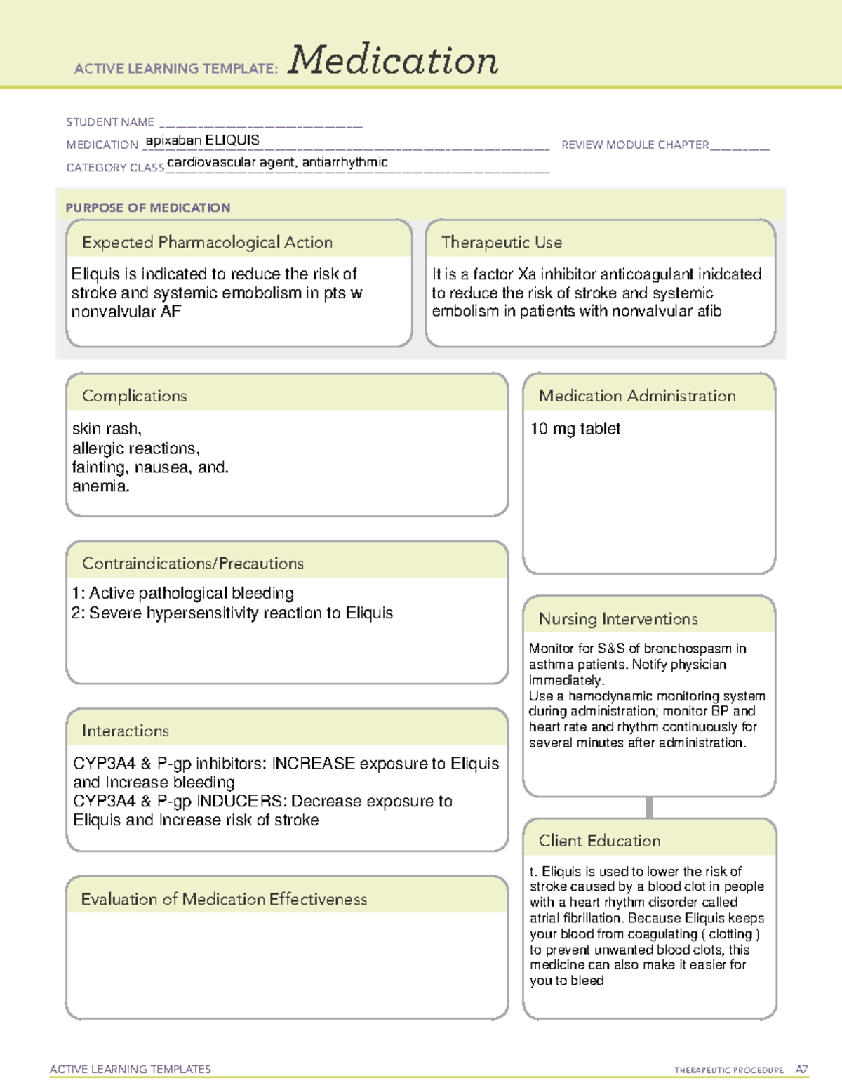 ATI Medication Template for Med List: Apixaban (Eliquis) Overview - Studocu