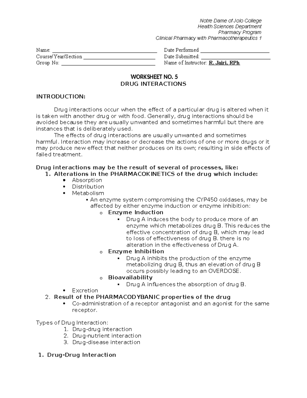 Clinical Pharmacy with Pharmacotherapeutics 1: Drug Interactions ...