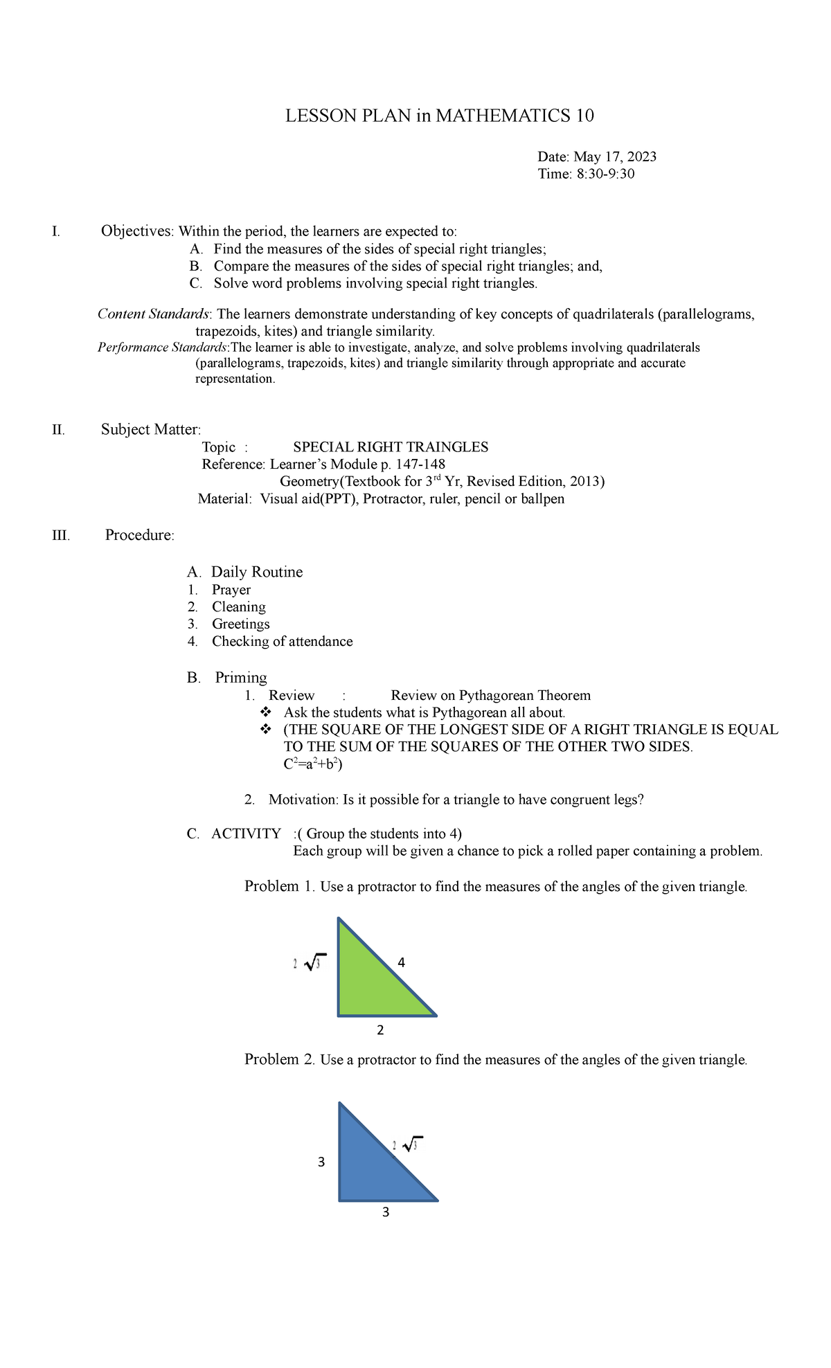 Lesson plan for special right triangles - LESSON PLAN in MATHEMATICS 10 ...