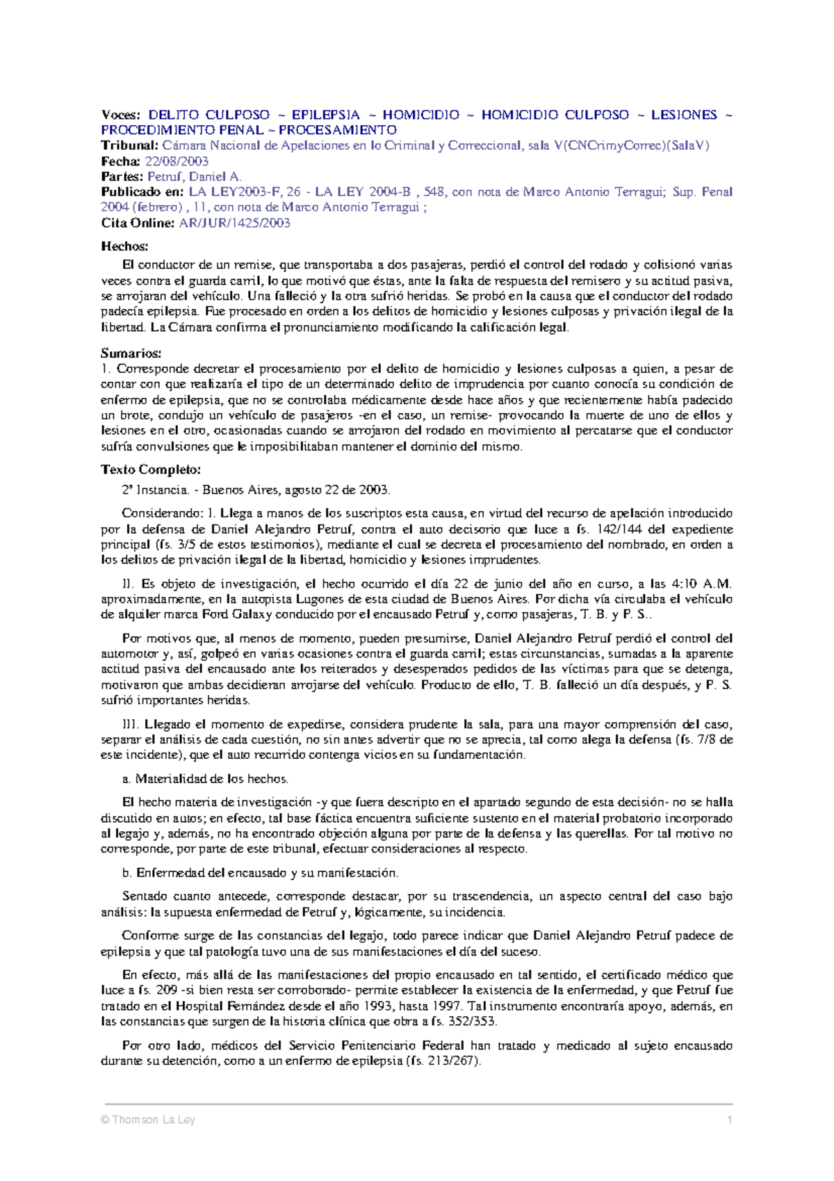 Fallo CCC - Delito Culposo y Homicidio por Epilepsia en el Caso Petruf - Studocu