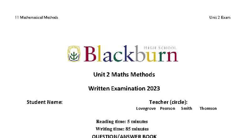 2023 Unit 2 Maths Methods Final Exam Paper - Studocu