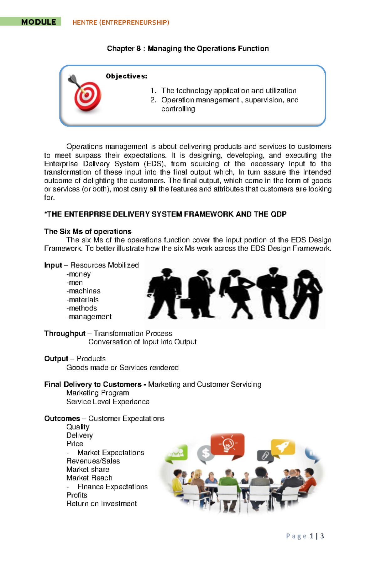 MODULE HENTRE (ENTREPRENEURSHIP) Chapter 8: Operations Management ...