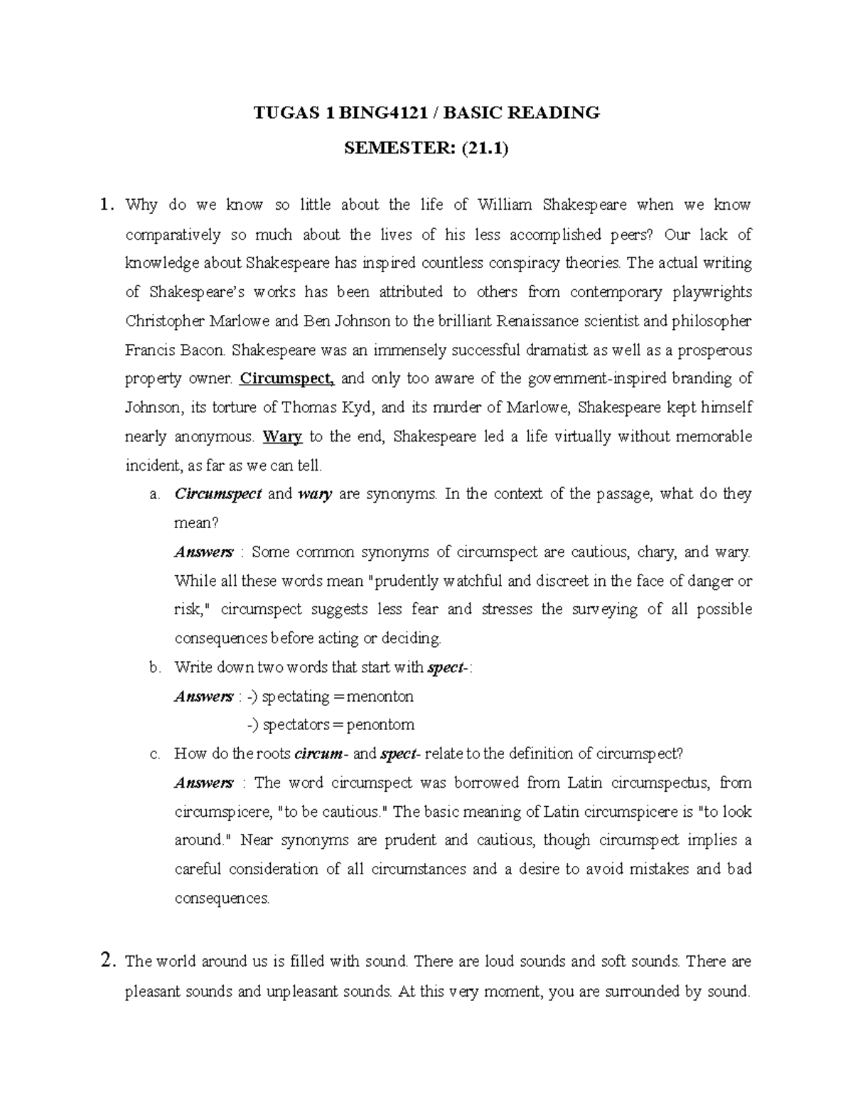 Tugas 1 BING4121: Basic Reading on Shakespeare and Acoustics - Studocu