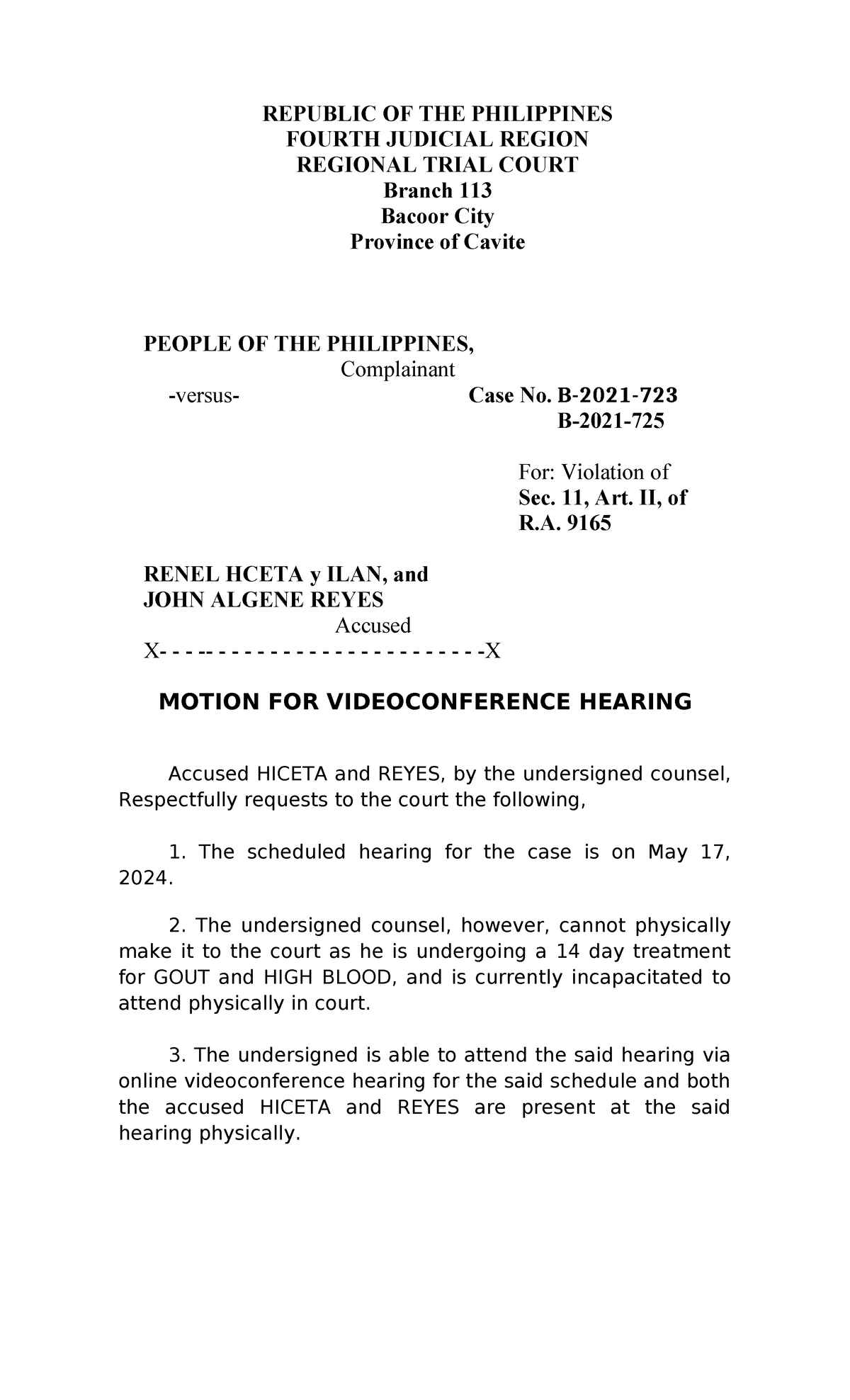 Motion for Videoconference Hearing - Case No. B-2021 - Cavite - Studocu