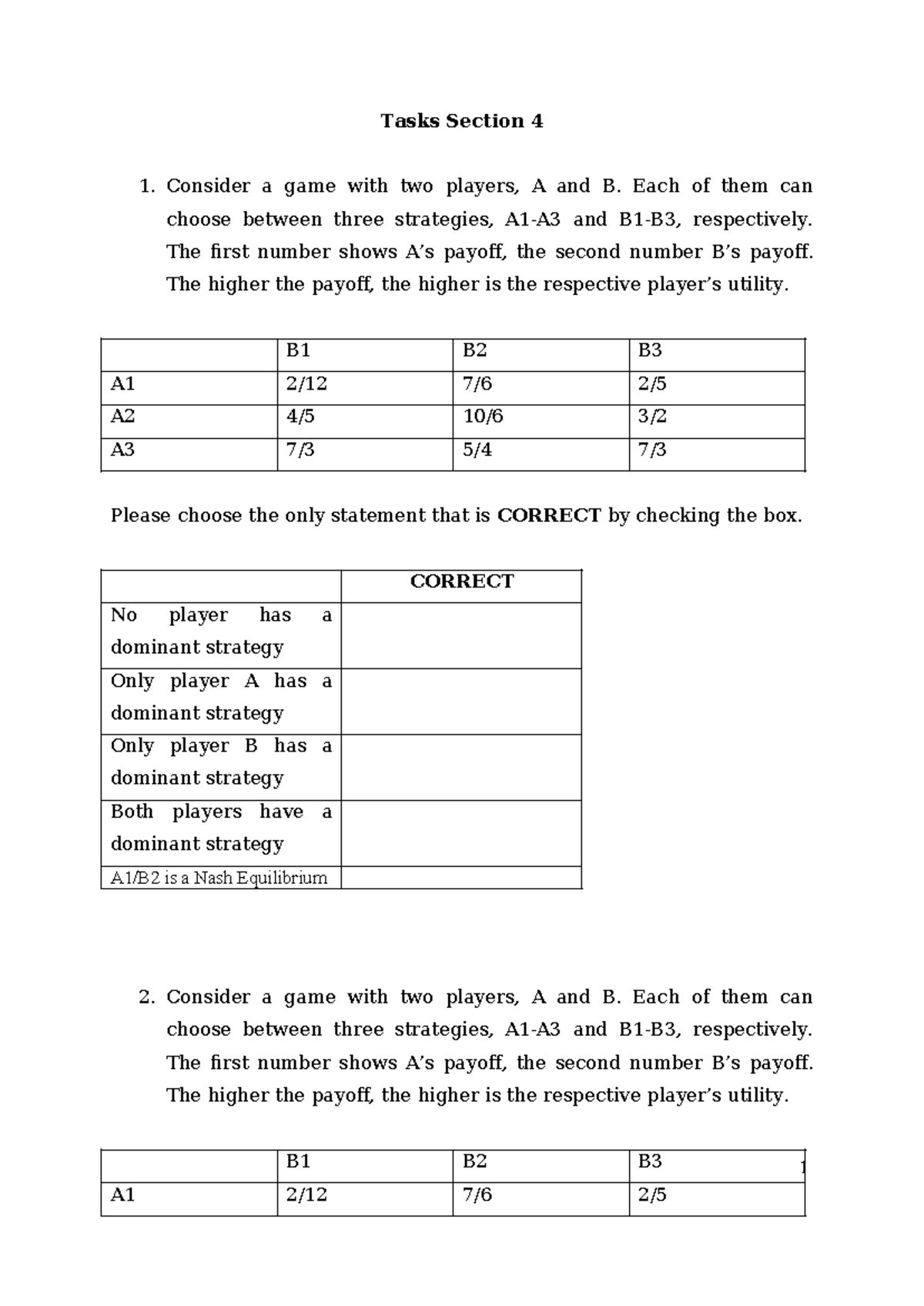 Tasks Section 4 - Game Theory Tutorial Analysis - Studocu