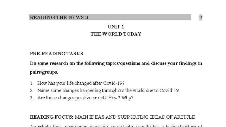 Reading the News 3: Unit 1 - The World Today Analysis and Discussion ...