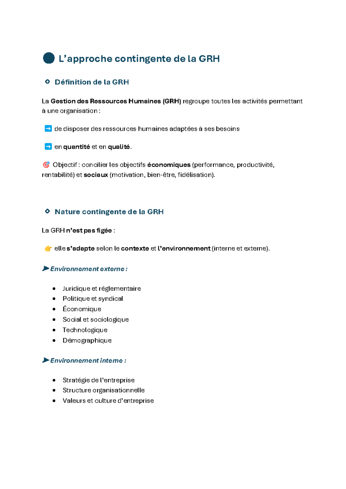 GRH Fiche de Synthèse : Concepts et Pratiques Essentielles - Studocu