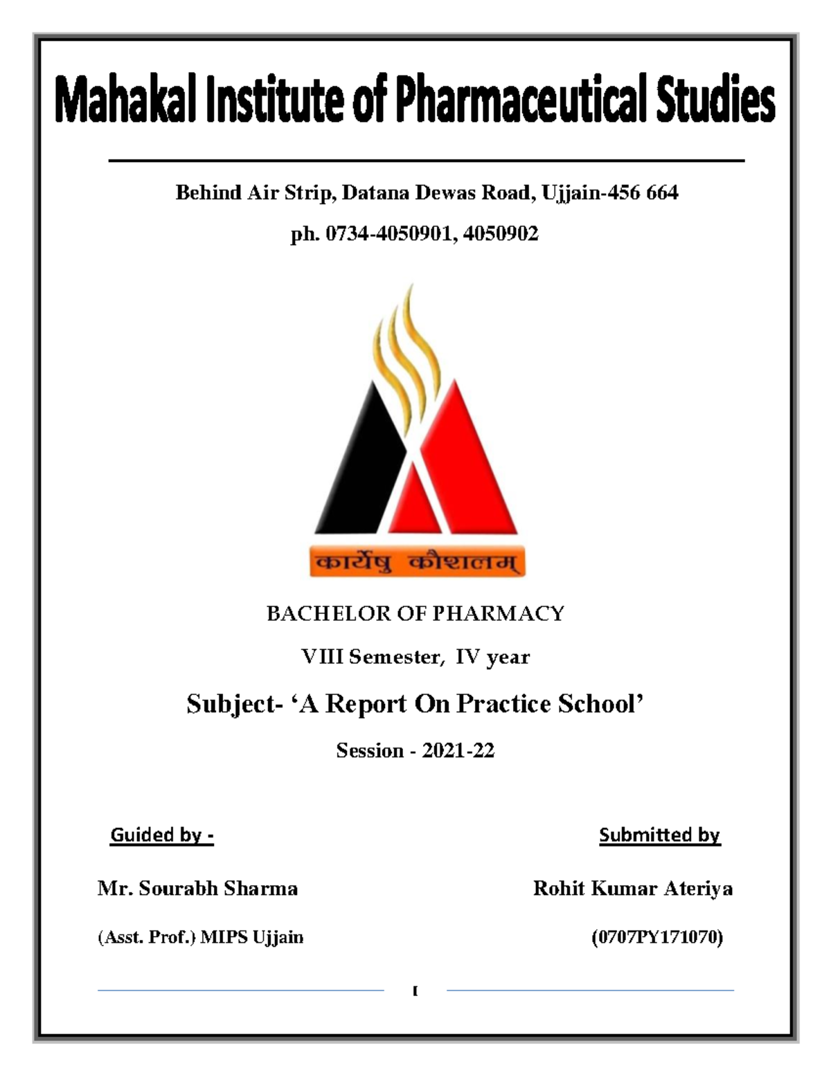 BPharm VII Semester Practice School Report: Insights and Guidelines - Studocu