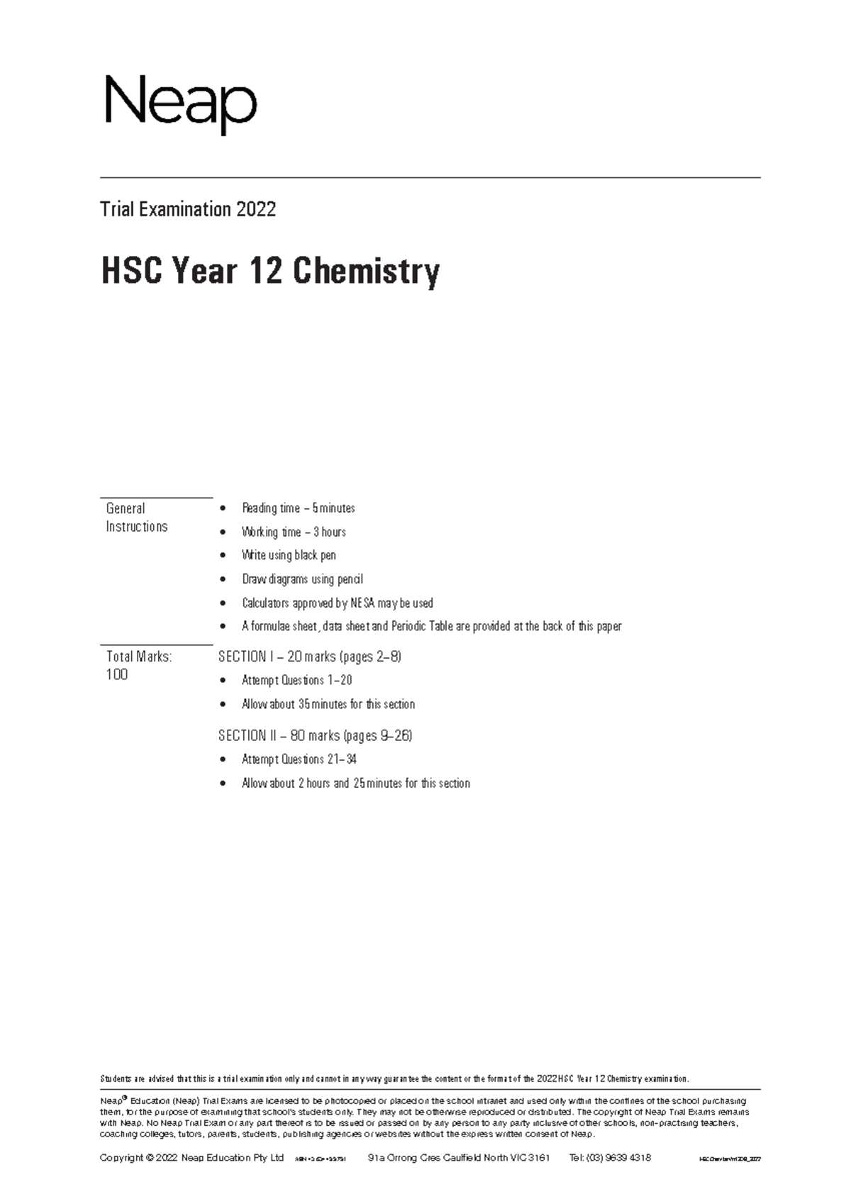 HSC Chemistry Year 12 Questions and Answer Booklet 2022 - Neapthem, for ...