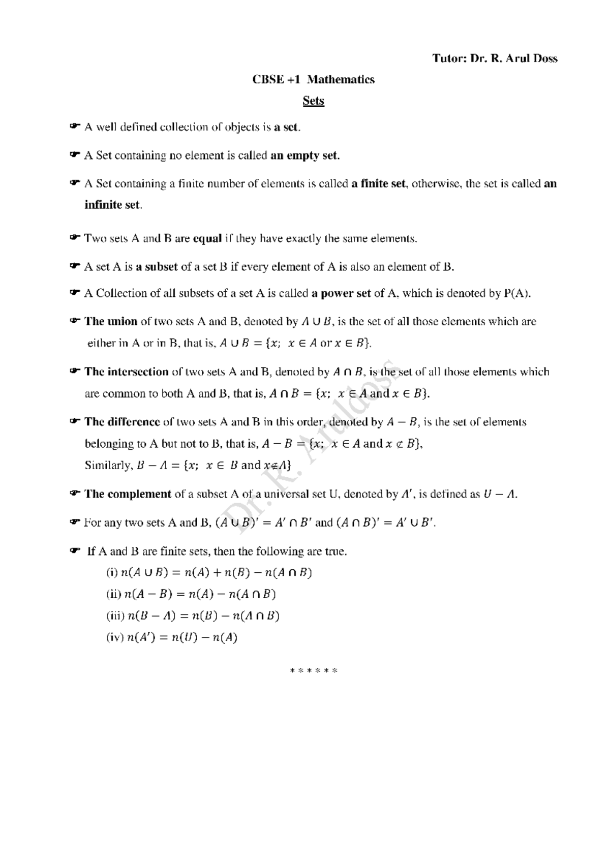 CBSE +1 Maths Formulae - Formula - Tutor: Dr. R. Arul Doss CBSE ...