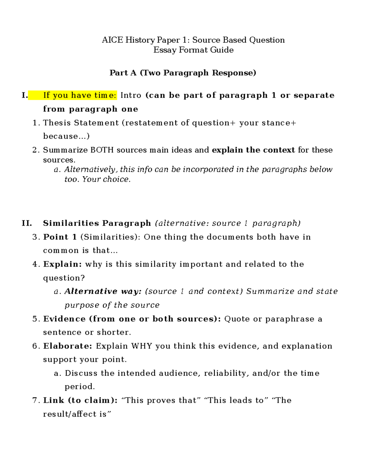AICE History Paper 1: Source-Based Question Essay Format Guide - Studocu