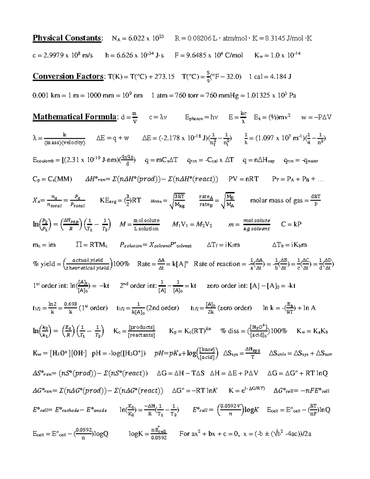 TU Equation Sheet and Periodic Table - Physical Constants: NA = 6 x 10 ...