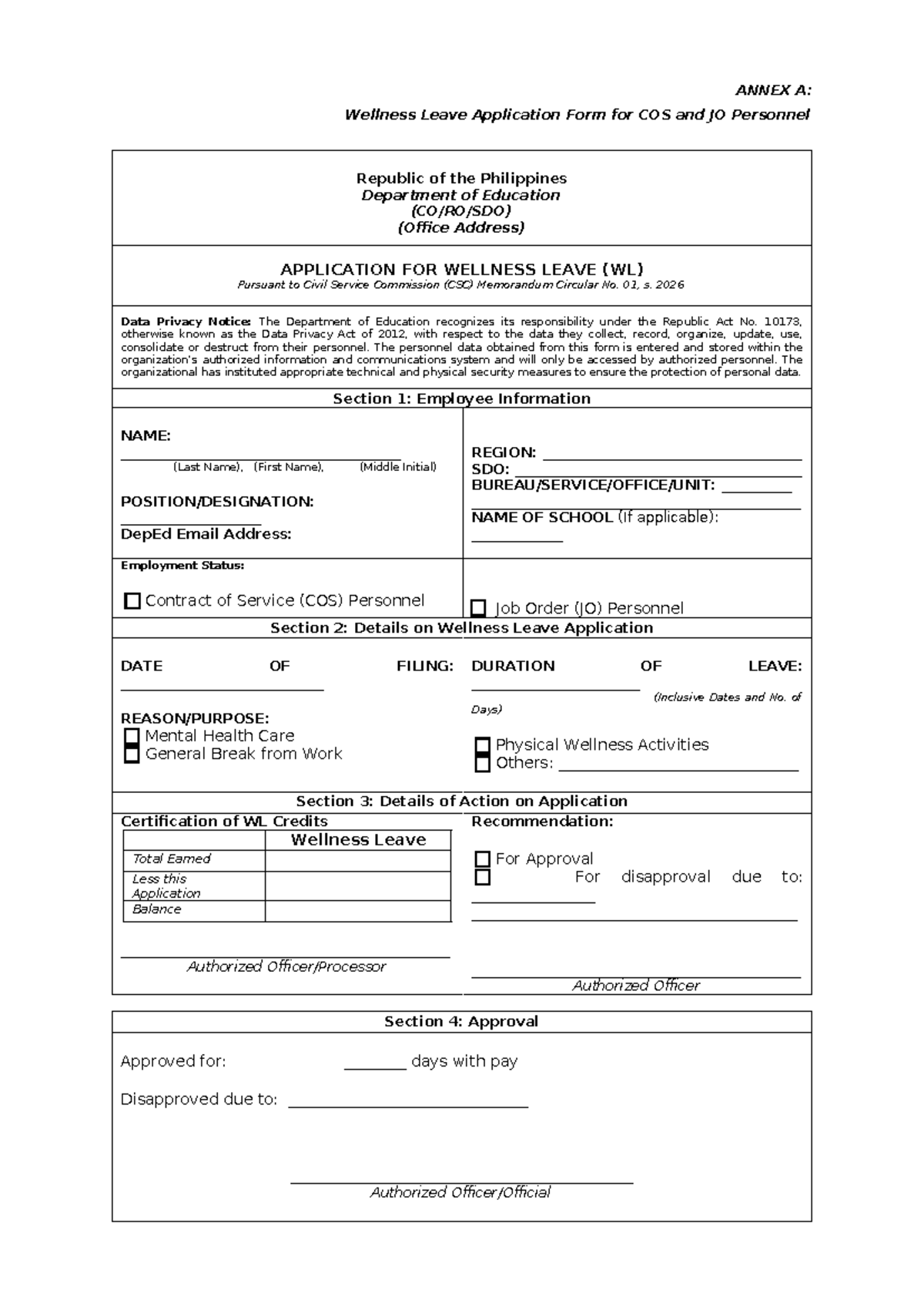 ANNEX A: Wellness Leave Application Form for COS & JO Personnel - Studocu
