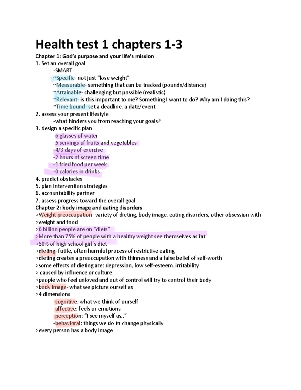 Health Test 1: Chapters 1-2 on Goals, Body Image & Eating Disorders ...