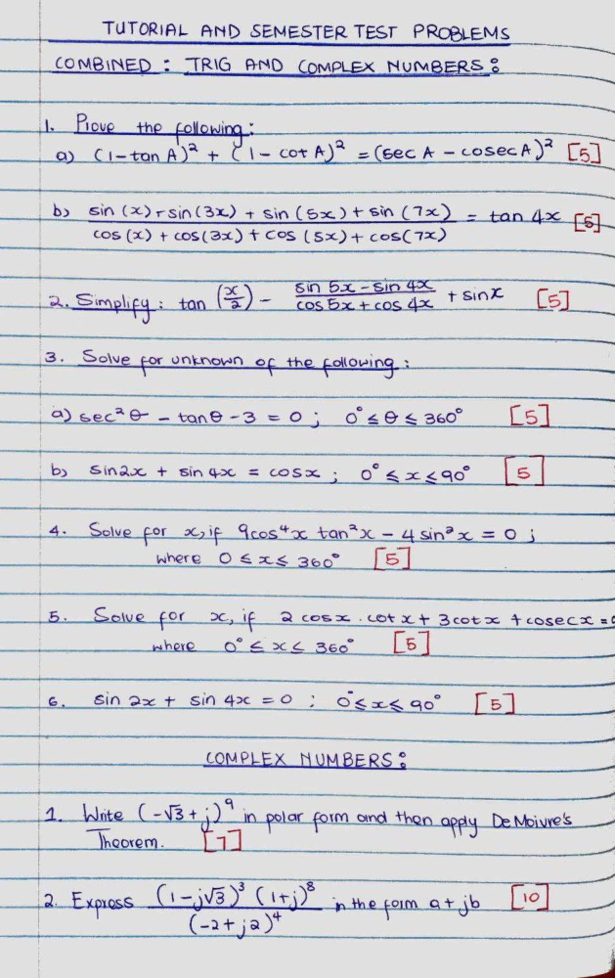 Trigonometry and Complex Numbers: Tutorial & Semester Test Problems ...