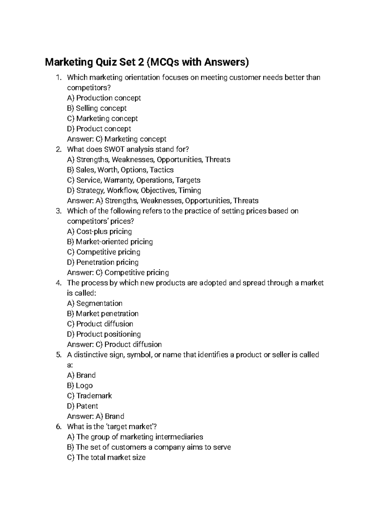 MKT 101 Quiz Set 2 - MCQs with Answers on Marketing Concepts - Studocu