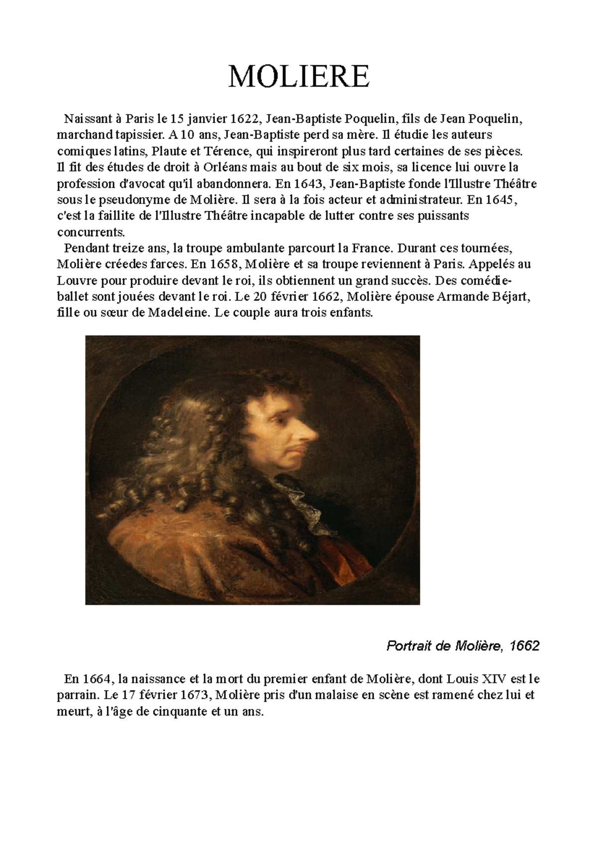 Biographie de Molière - MOLIERE Naissant à Paris le 15 janvier 1622 ...