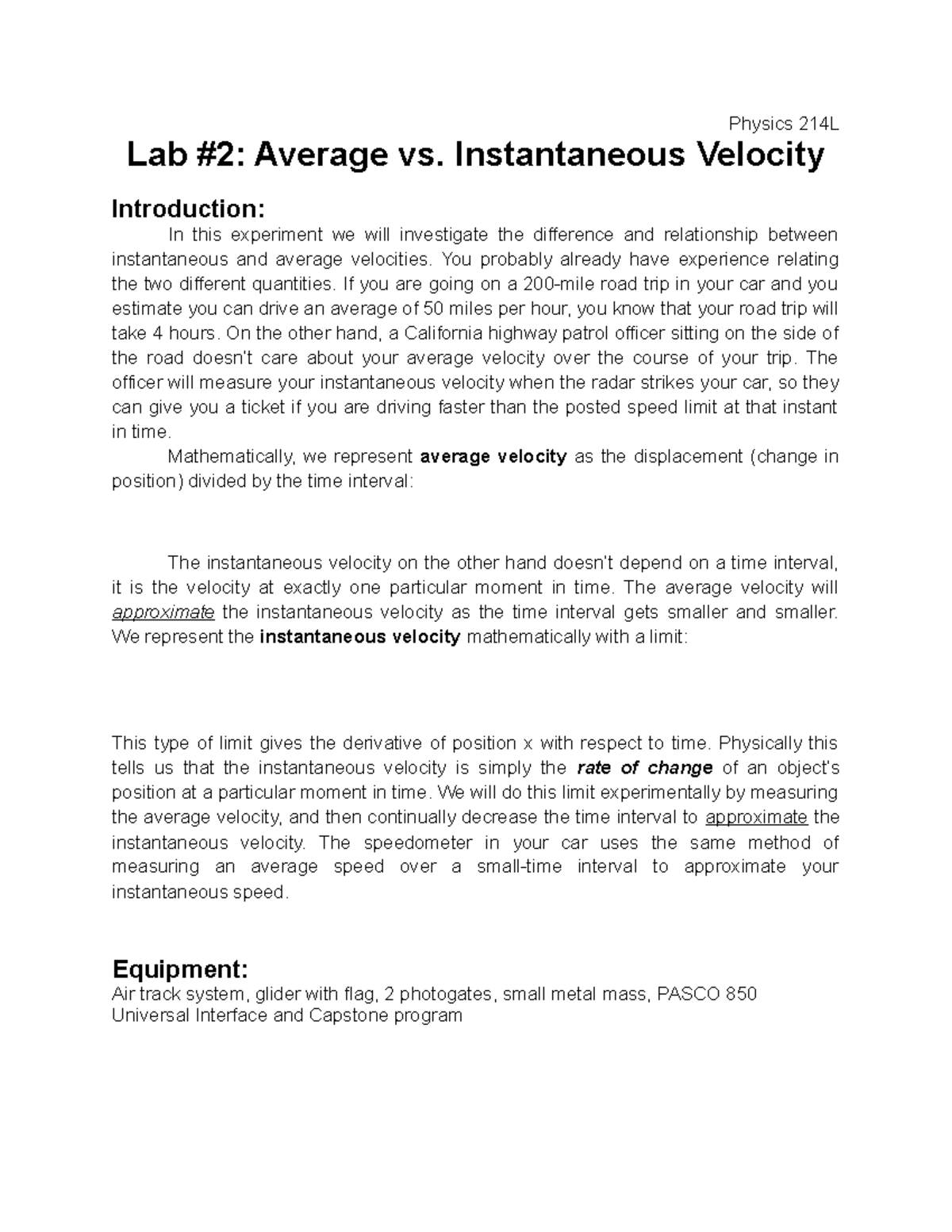 PHY214L Lab2: Exploring Average and Instantaneous Velocity Techniques ...
