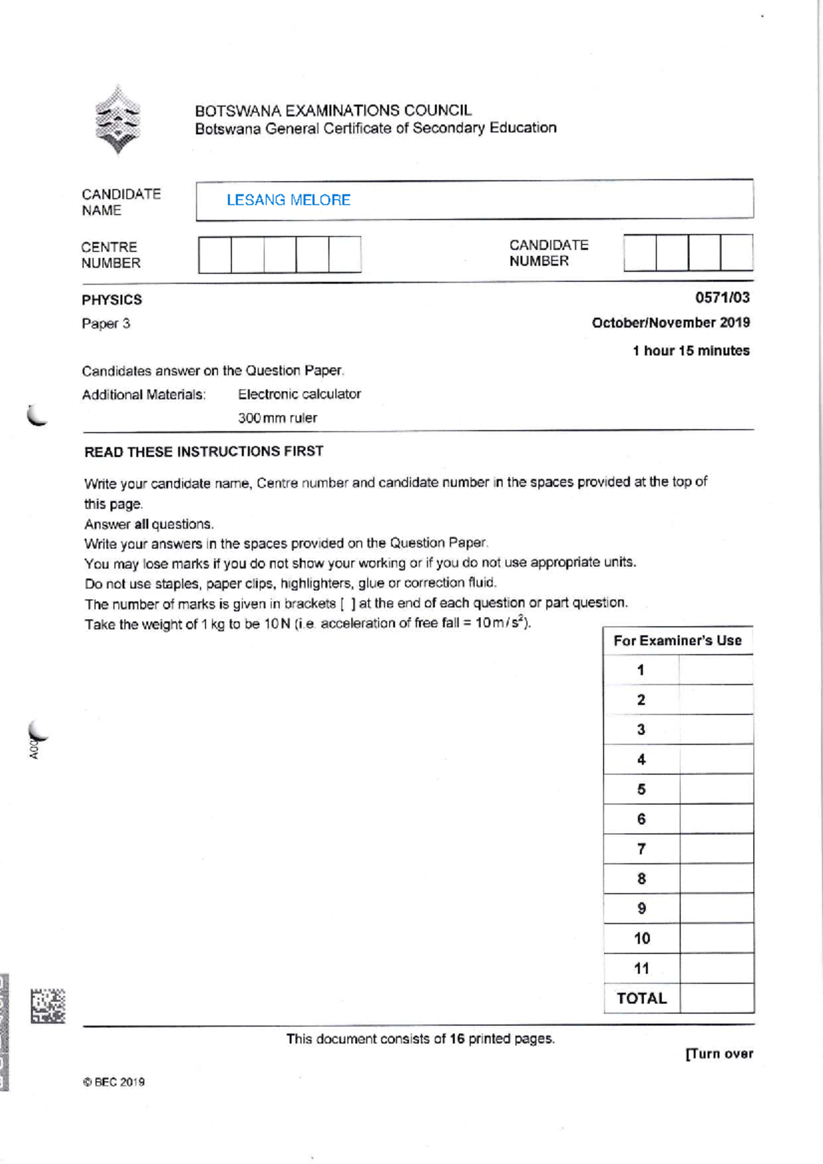 Bgcse Physics Paper 3 Exam 2019 - Candidate Lesang Melore - Studocu