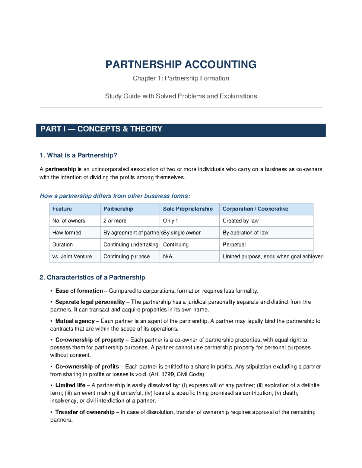 Chapter 1: Partnership Formation Study Guide (ACCT 101) with Solved ...