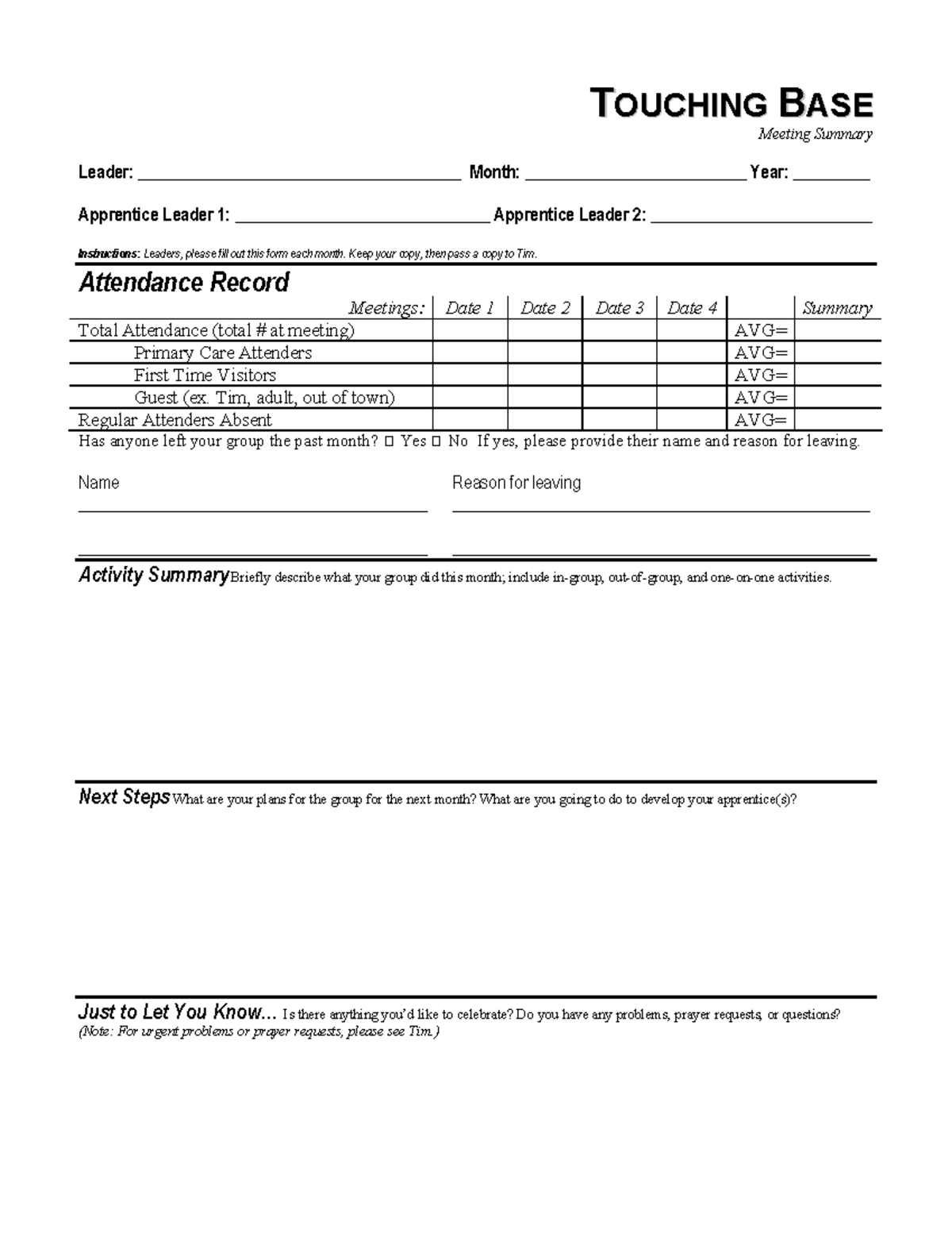 TOUCHING BASE Meeting Summary Template for Leaders - Studocu