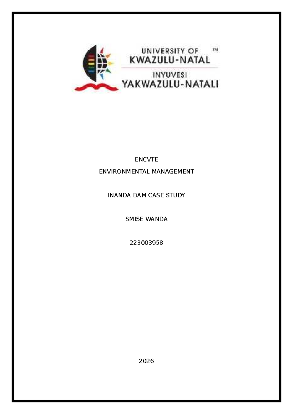 ENCV4TE Inanda Dam Environmental Management Case Study - Studocu