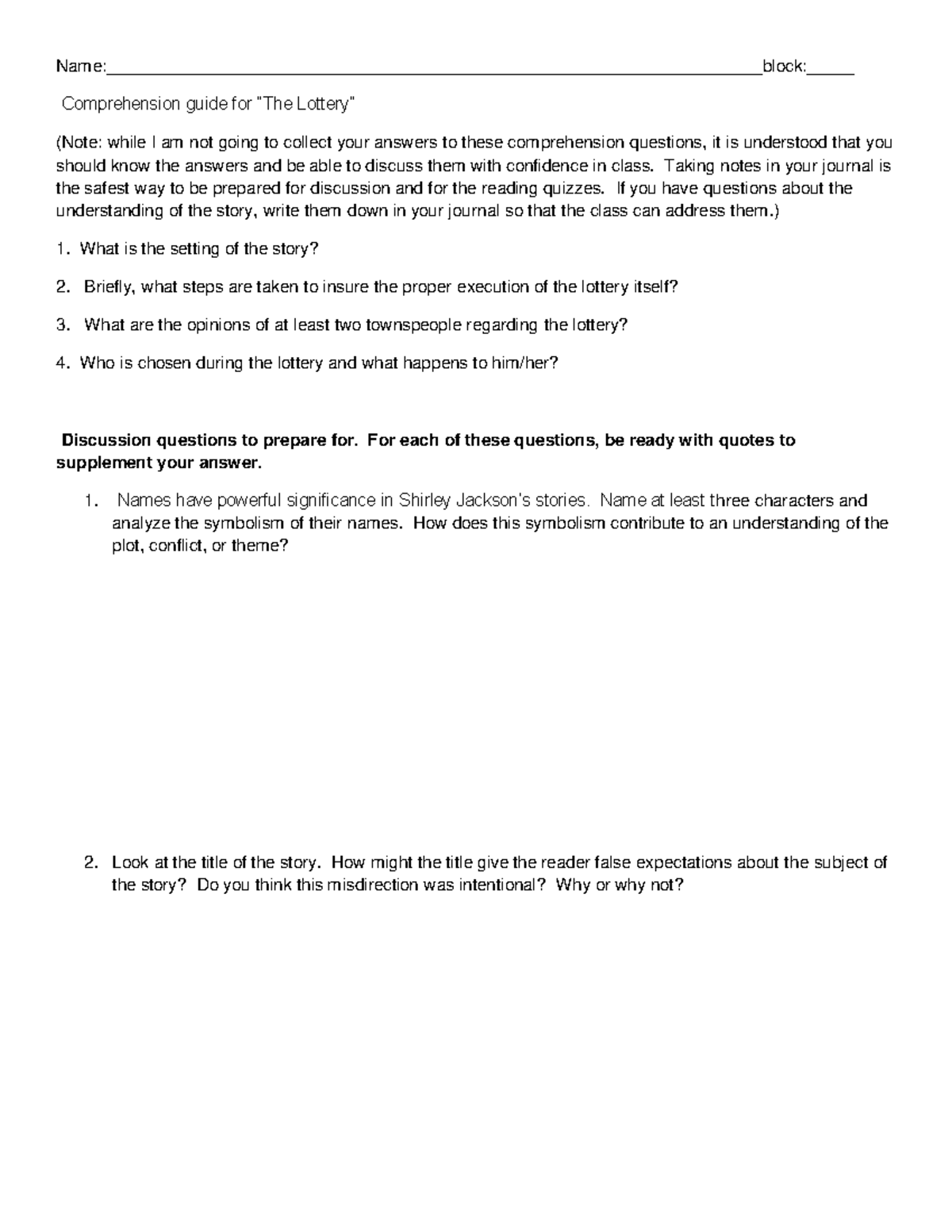 The Lottery Comprehension Questions Guide for Class Discussion - Studocu