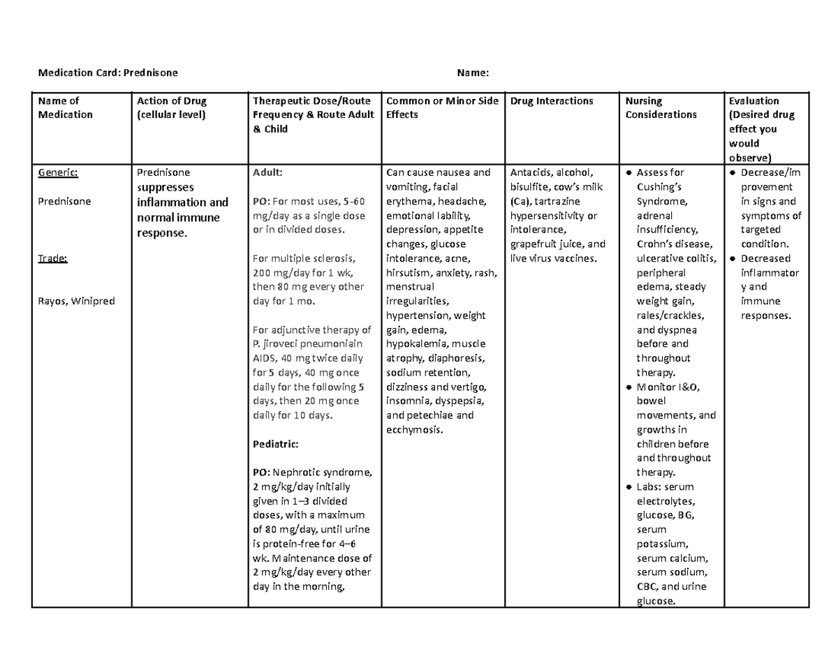 Prednisone Medication Card: Overview, Uses, and Considerations - Studocu