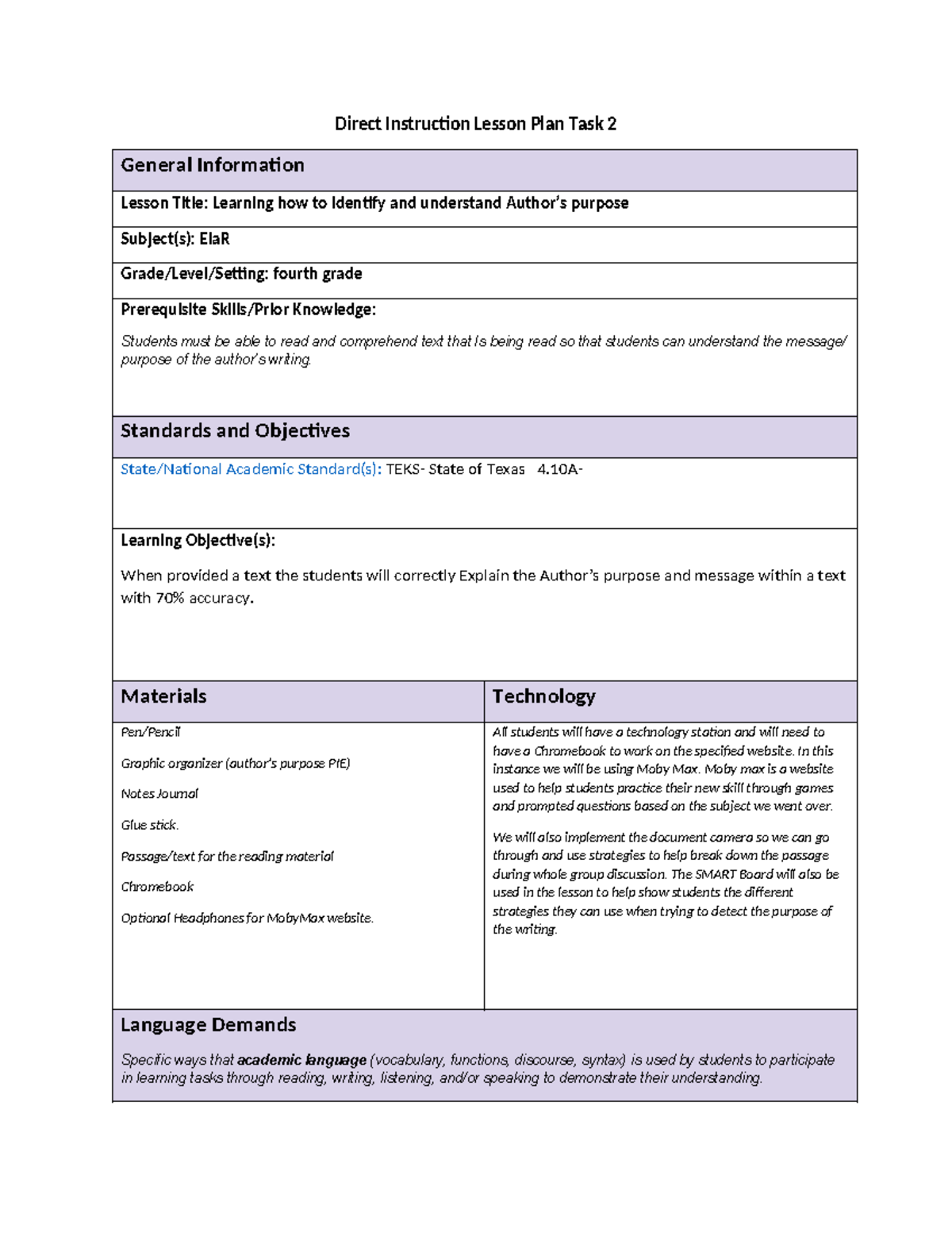 EDU 101: Direct Instruction Lesson Plan on Identifying Author's Purpose - Studocu