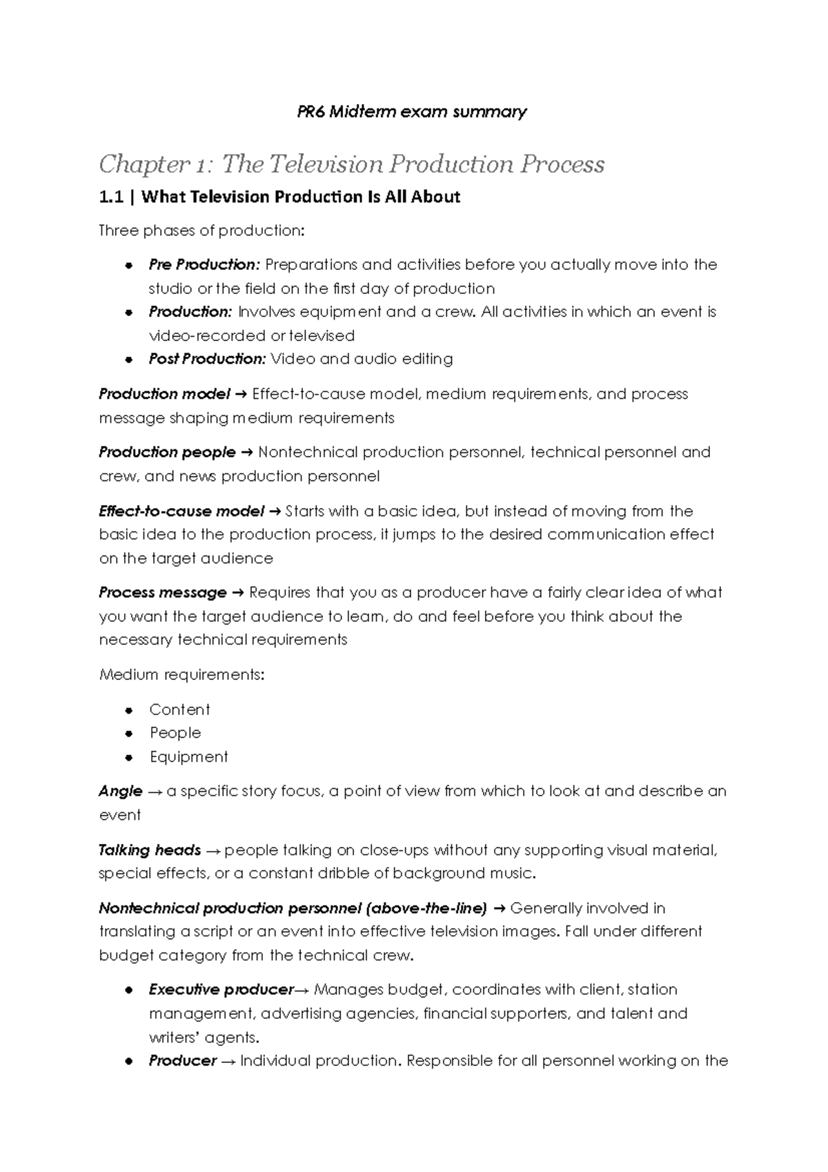 PR6 Midterm Exam Summary: Key Concepts in Television Production - Studeersnel
