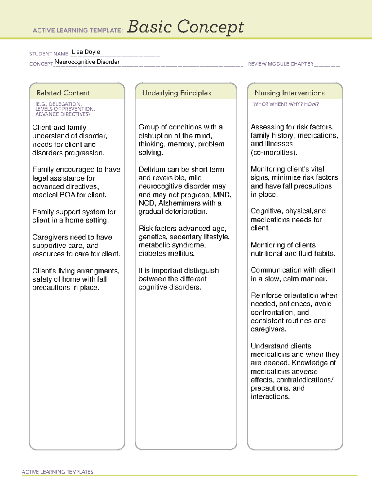 ACTIVE LEARNING TEMPLATE: Neurocognitive Disorders Review Module - Studocu