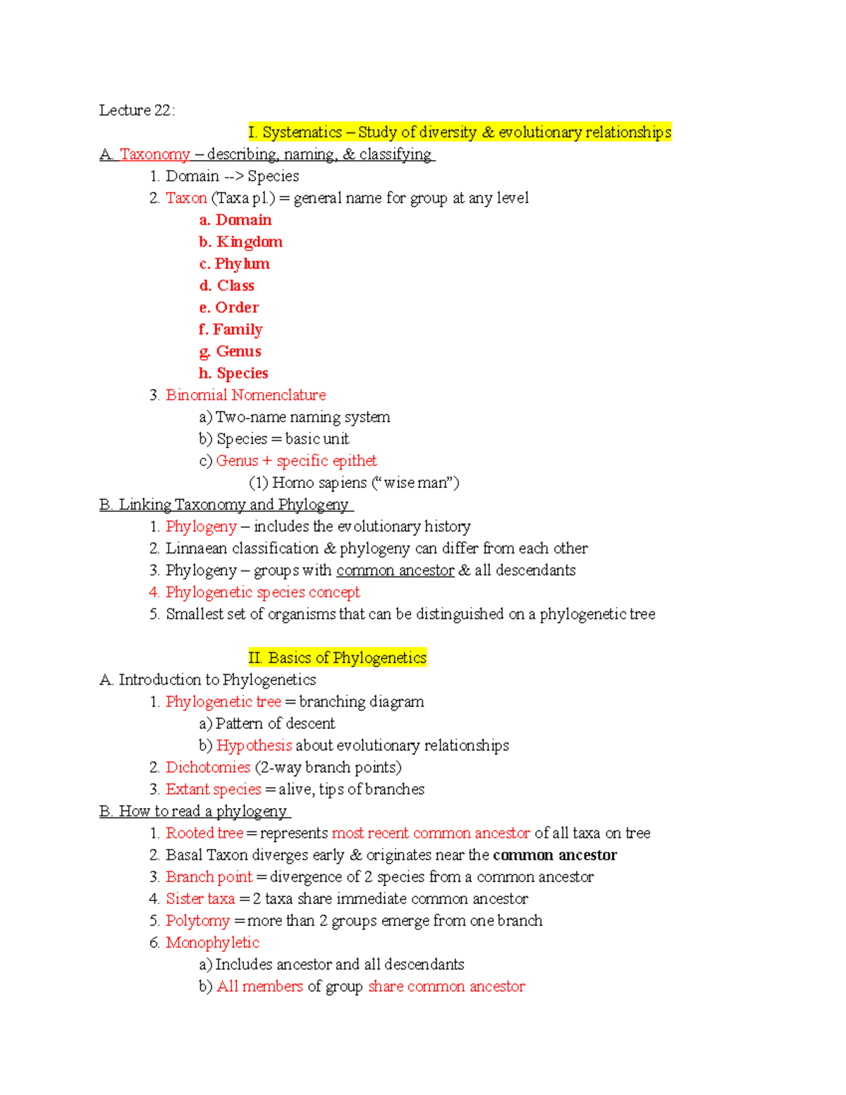 Lecture 22 - Lecture 22: I. Systematics – Study of diversity & evolutionary relationships A ...
