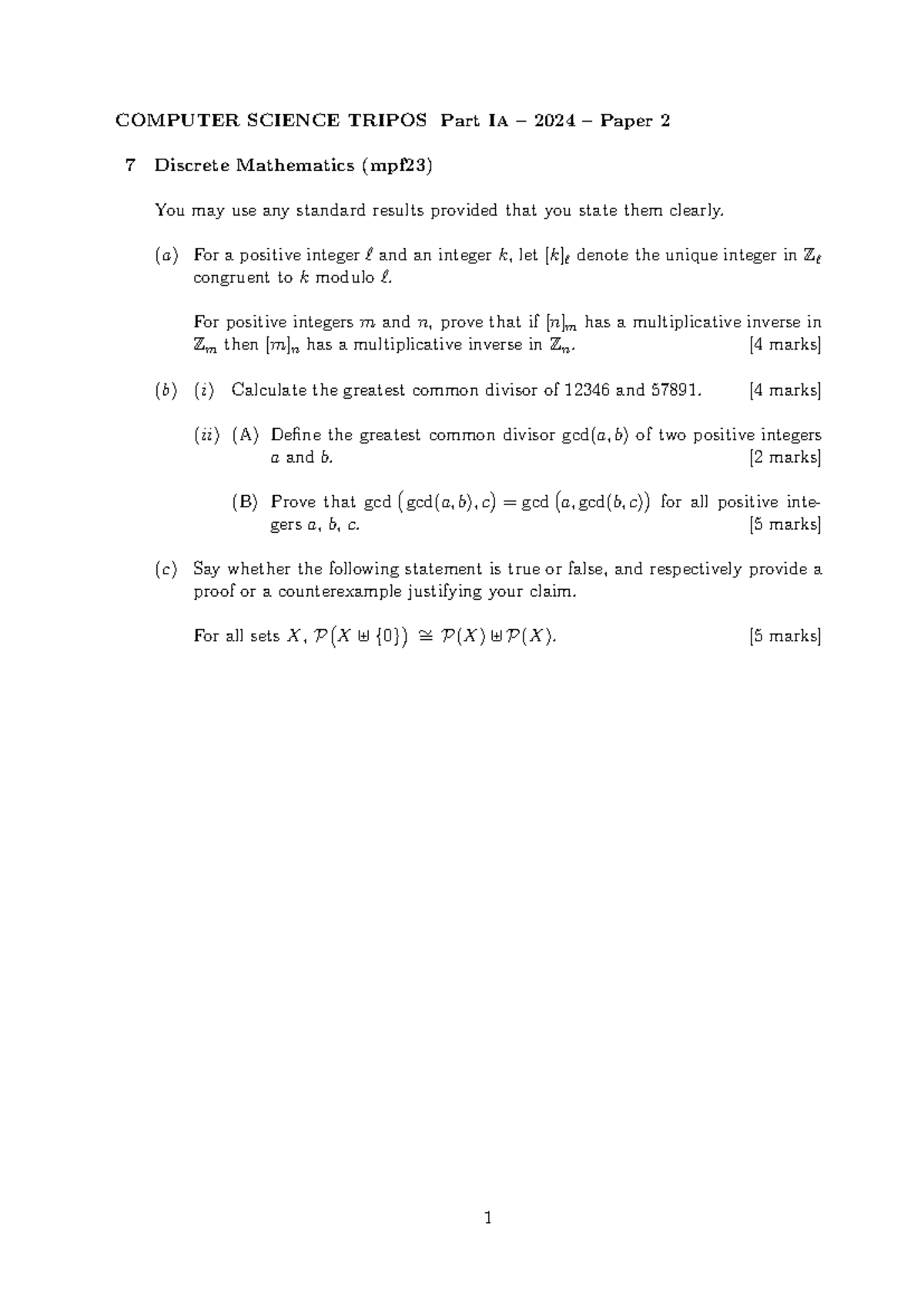 COMPUTER SCIENCE TRIPOS Part IA 2024 Paper 2 Discrete Math Notes - Studocu
