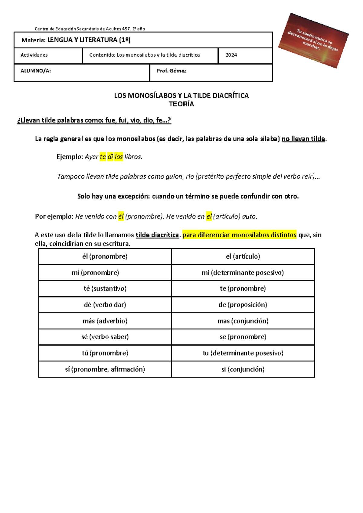Actividades sobre Monosílabos y Tilde Diacrítica - LENGUA Y LIT. 1º ...