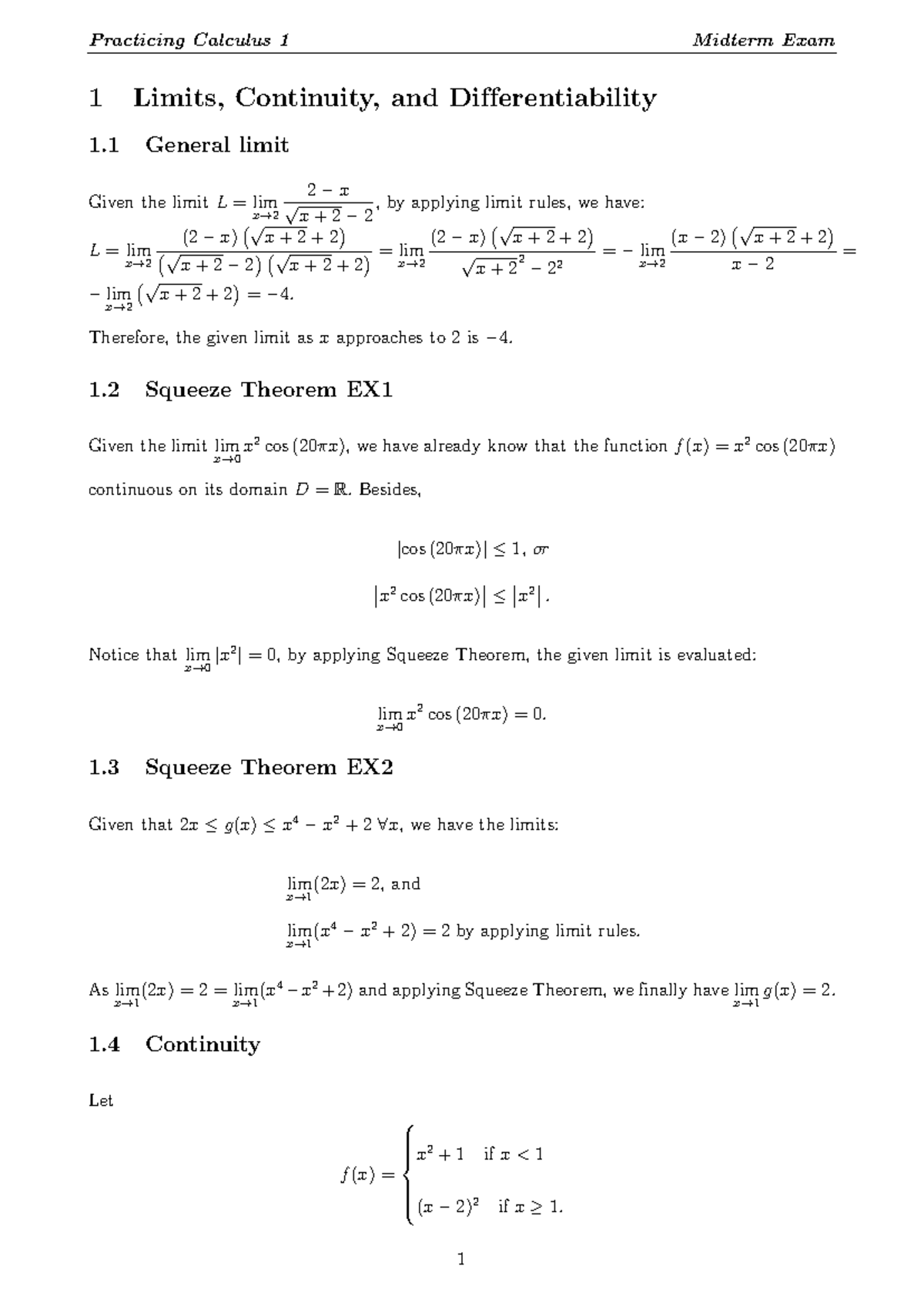 Midterm Practice - Limits, Continuity & Differentiability Notes (2024 ...