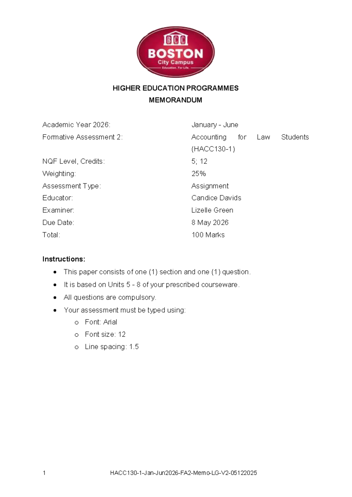 HACC130-1: Jan-Jun 2026 FA2 Memo for Accounting Assignment - Studocu
