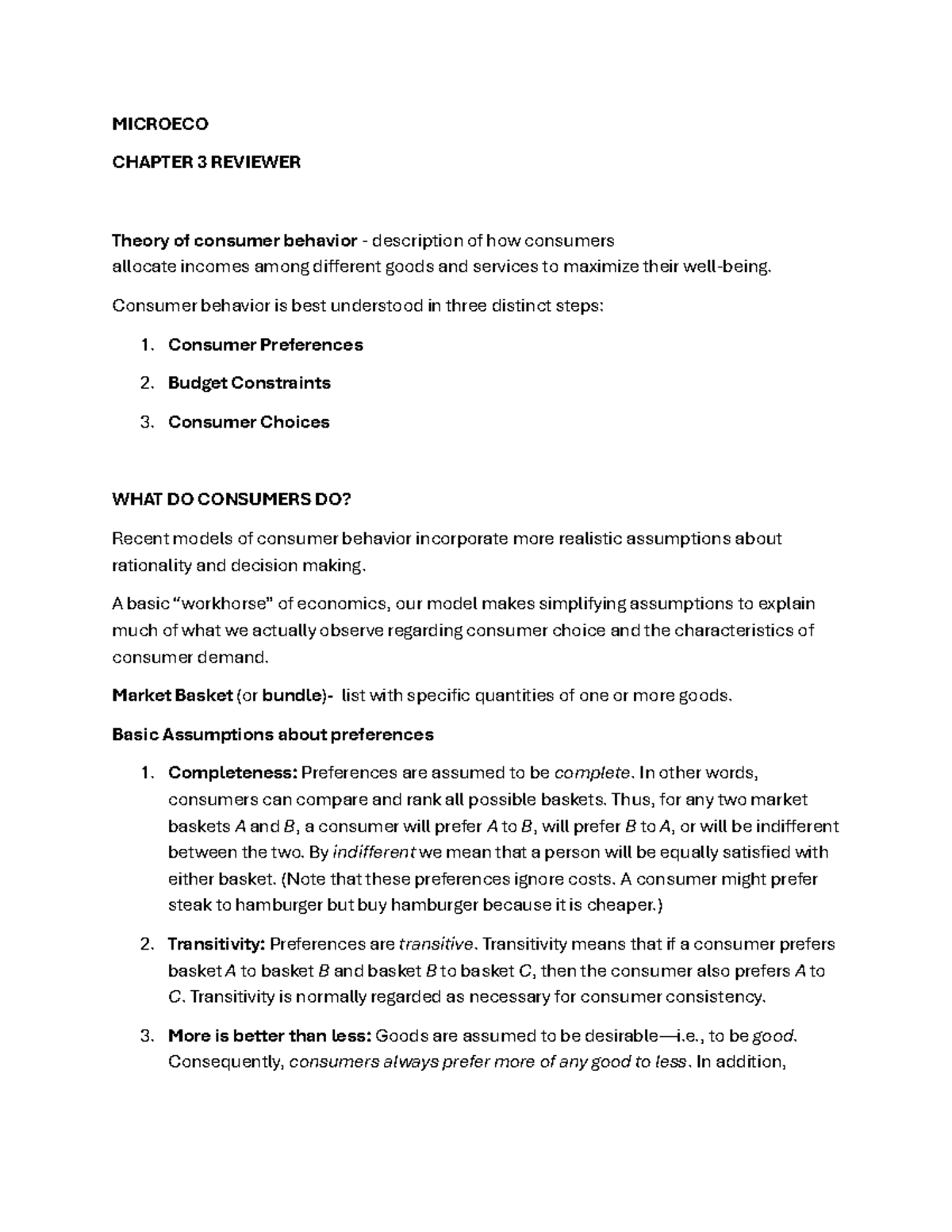 Microeco Reviewer - MICROECO CHAPTER 3 REVIEWER Theory of consumer ...