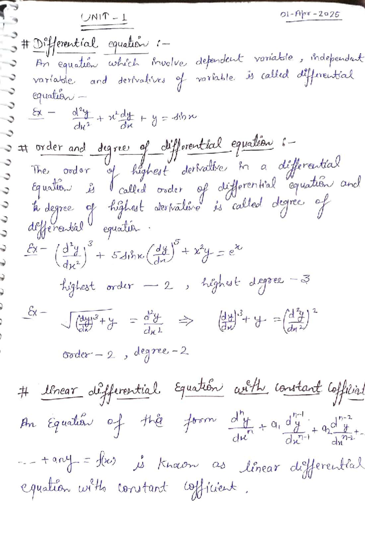 Maths Unit 1 - Differential Equations Overview and Solutions - Studocu