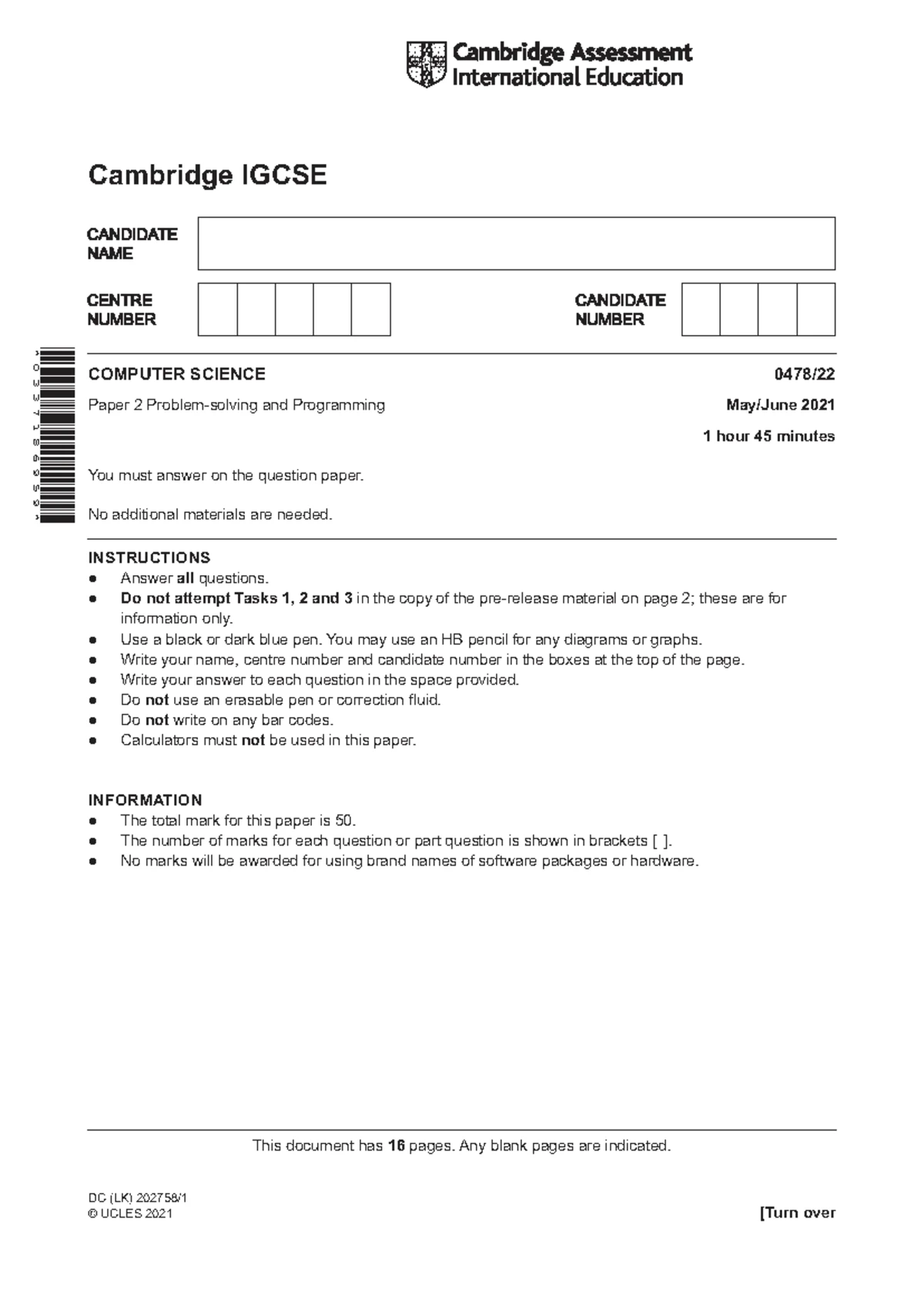 Cambridge 0478/21 S22 Computer Science Paper 2 Exam Guide - Studocu