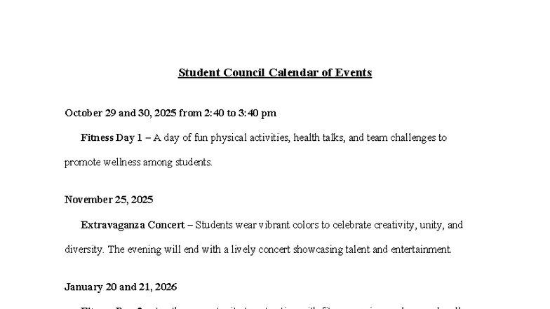 Student Council Calendar of Events - Student Council Calendar of Events ...