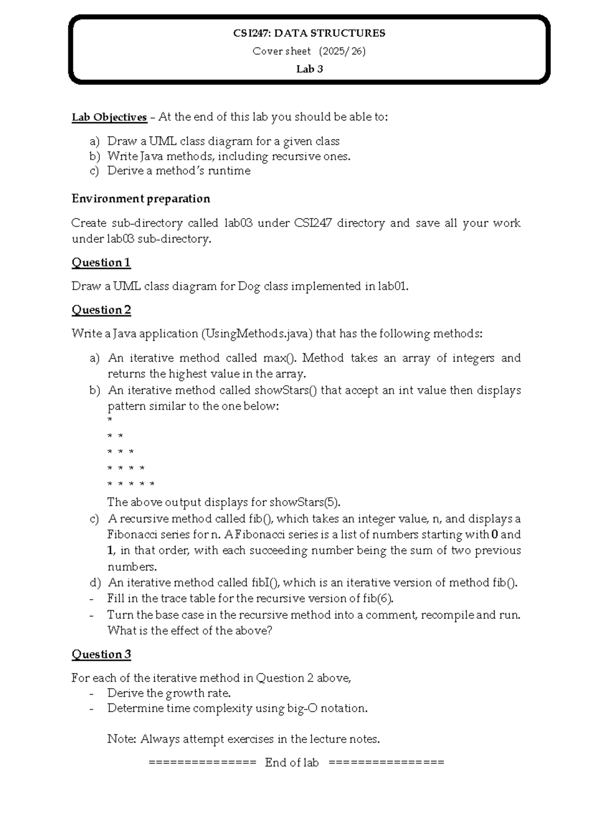 CSI247: Data Structures Lab 3 - UML & Java Methods Overview - Studocu