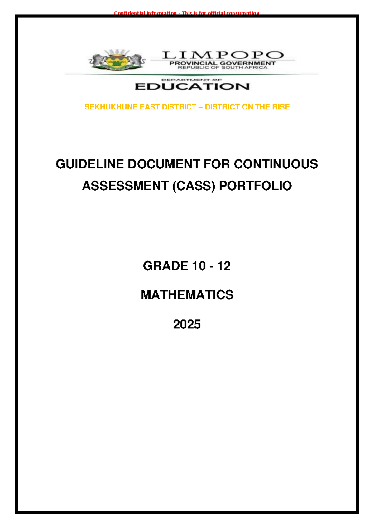 2025 SEKHUKHUNE EAST DISTRICT G10-12 MATH CASS Portfolio Guide - Studocu