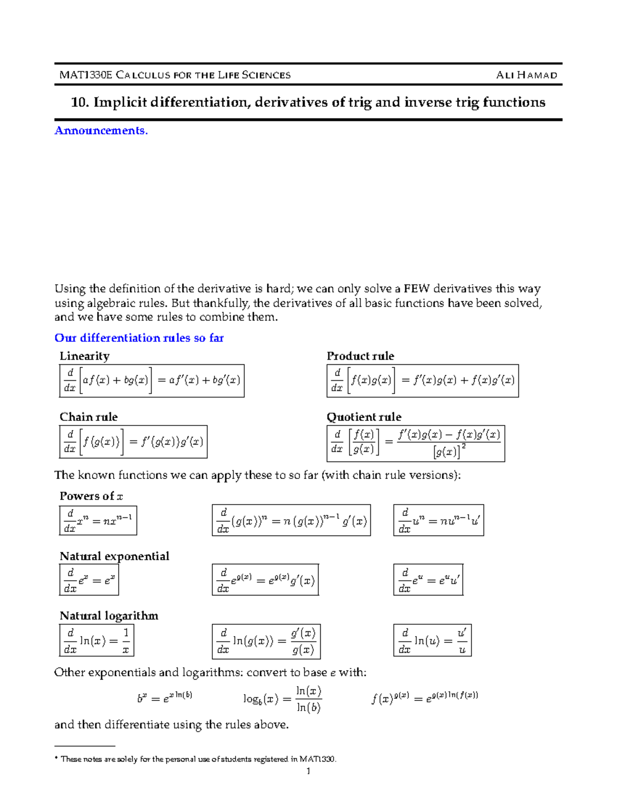 MAT1330E Lecture 10: Implicit Differentiation & Trig Derivatives - Studocu