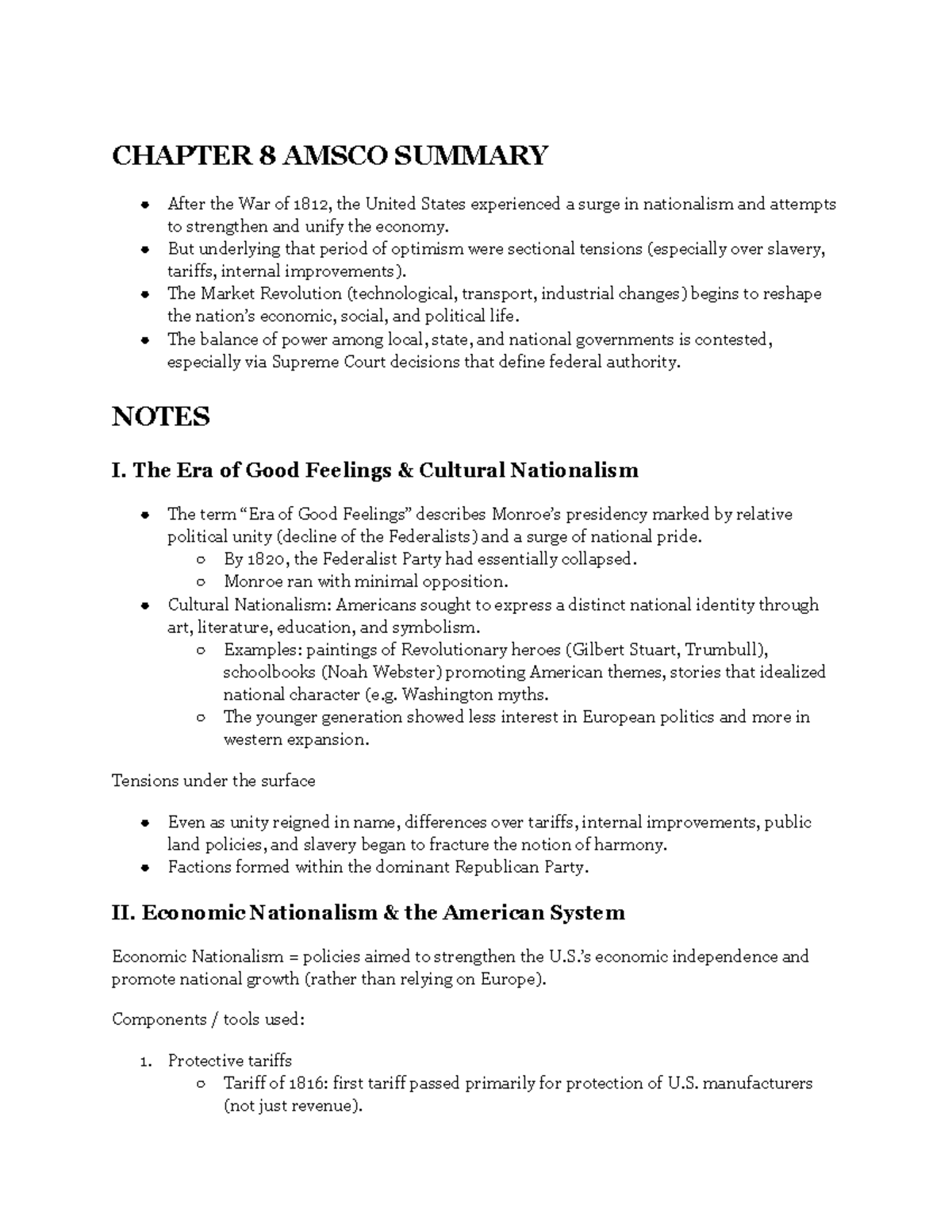 CHAPTER 8 AMSCO SUMMARY: Nationalism and Economic Change After 1812 ...