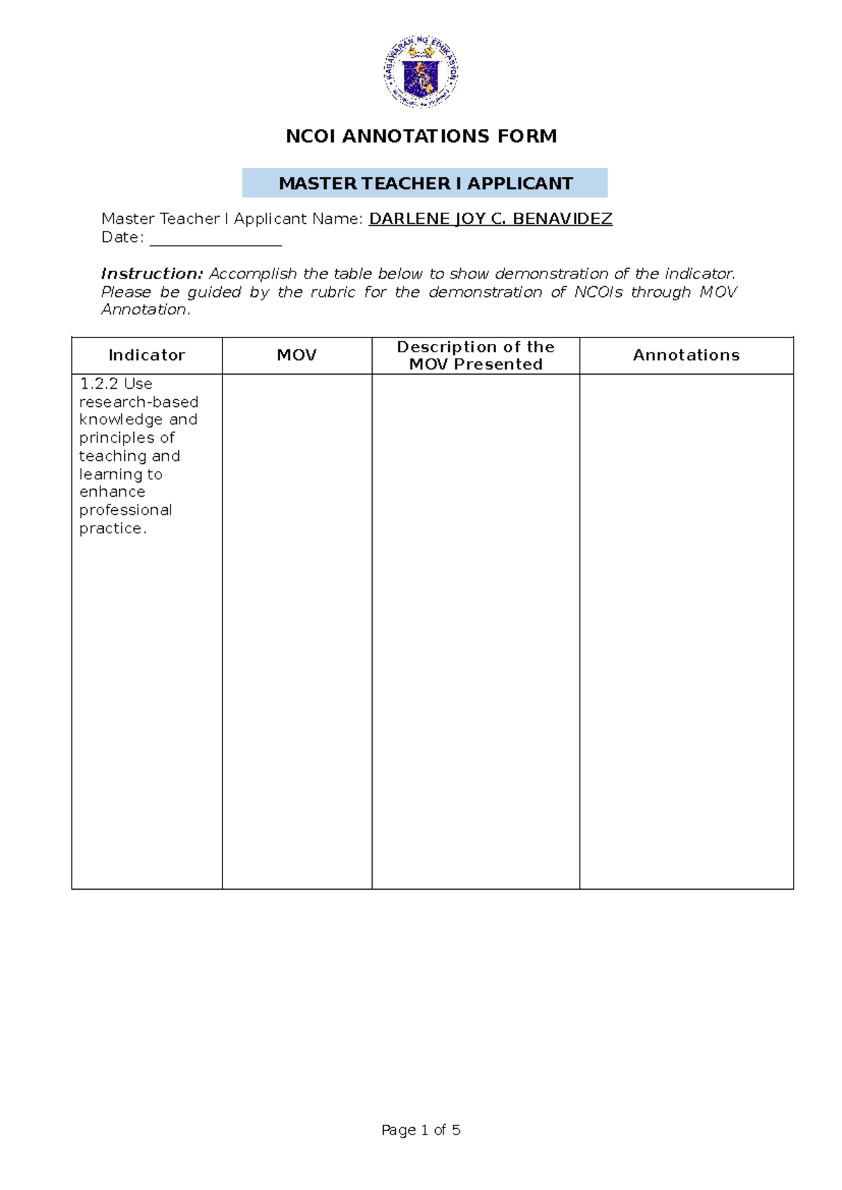 NCOI Annotations Form for Master Teacher I Applicant - Studocu