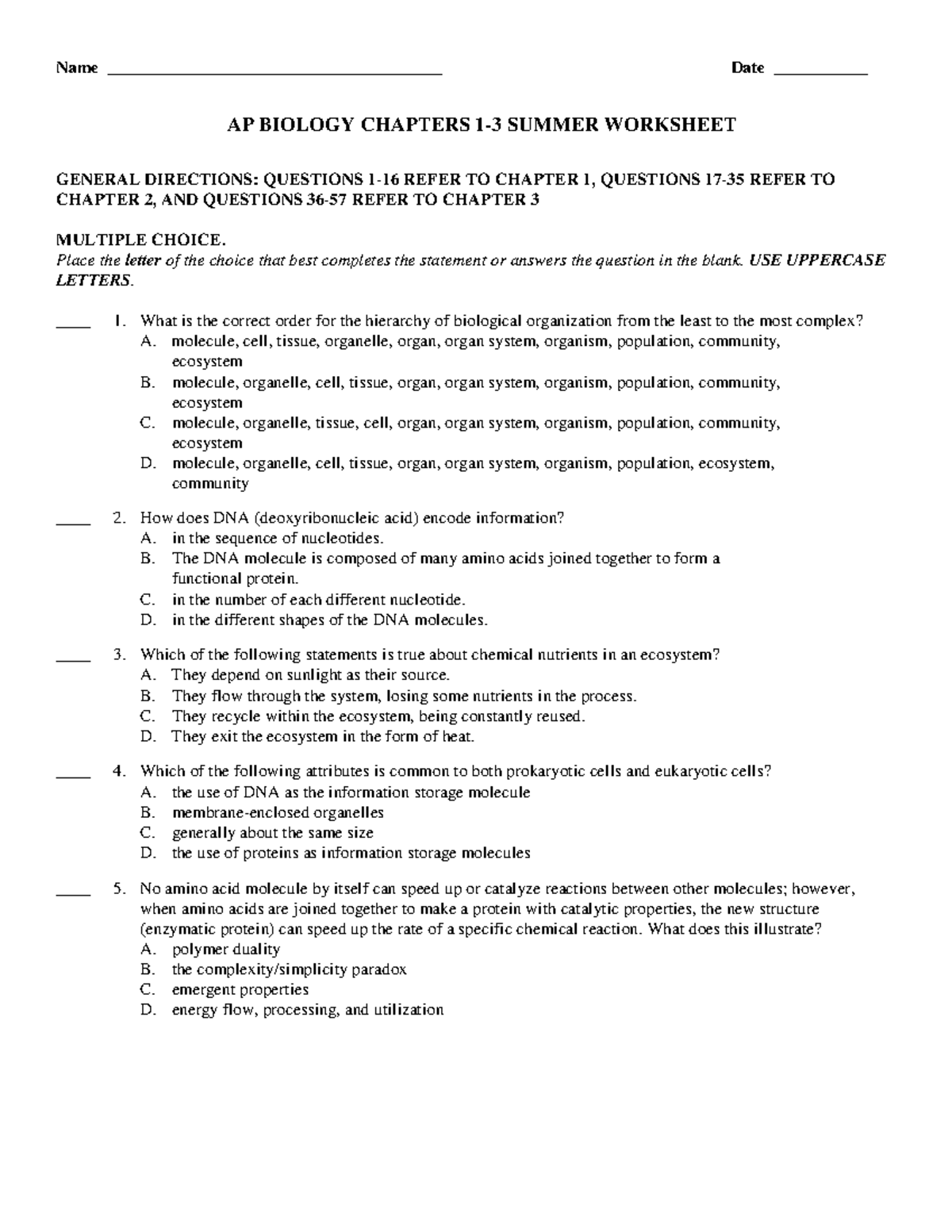 APBIO 2019 Summer Assignment Worksheet: Chapters 1-3 Overview - Studocu