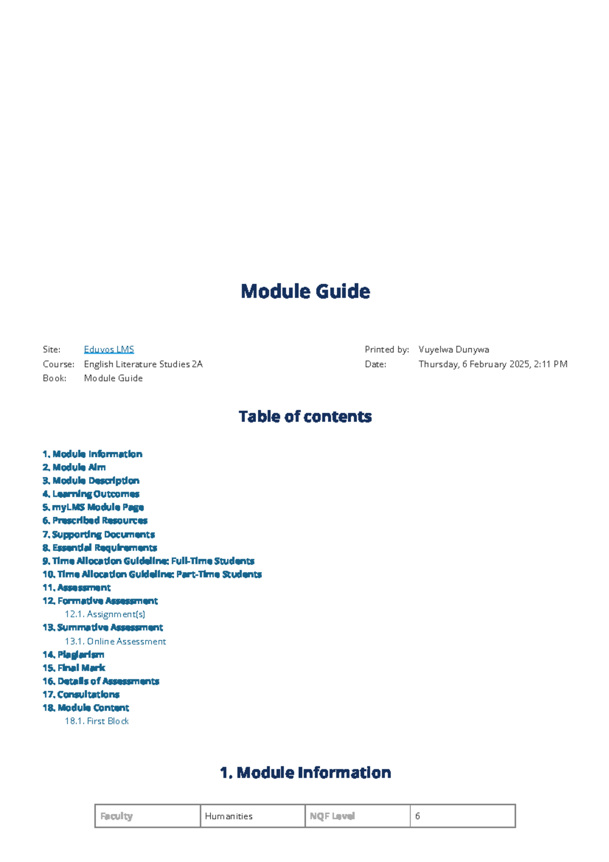 Module Guide: English Literature Studies 2A (HUENA2) Overview ...