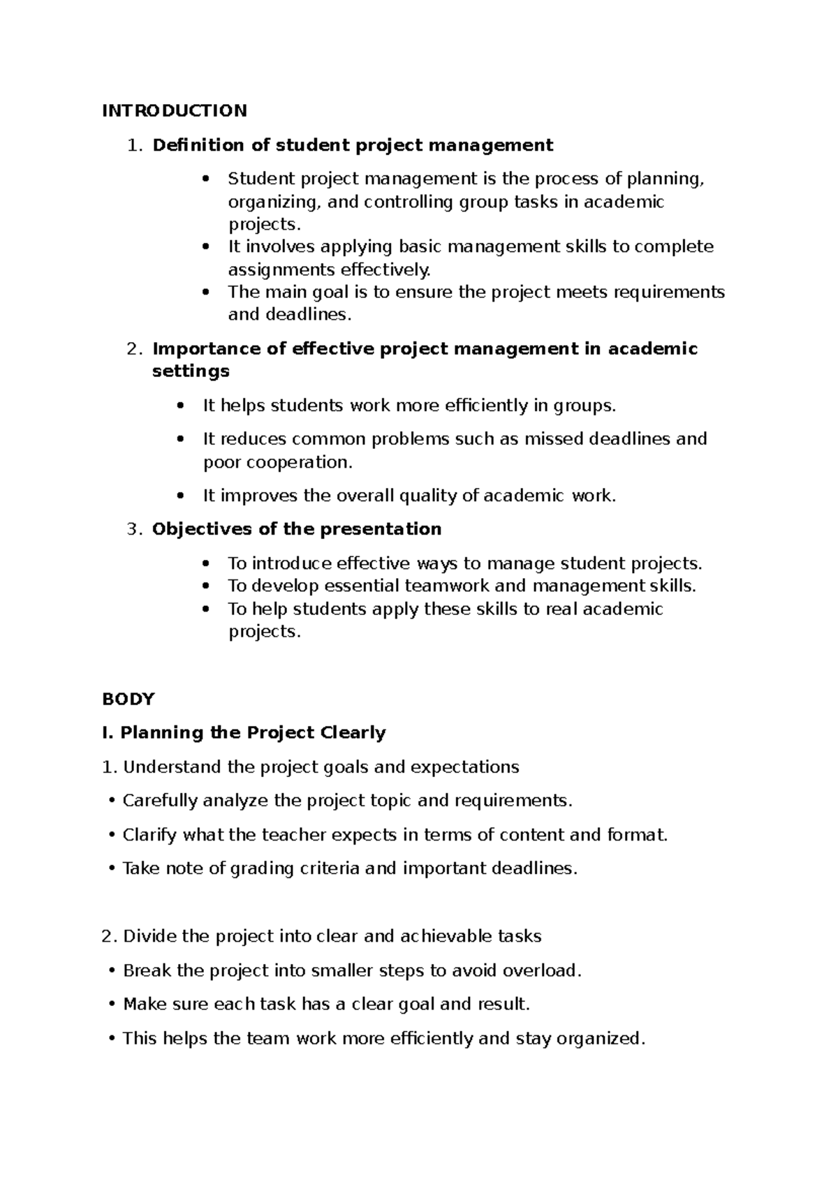 Outline for Student Project Management - Group 2 - Studocu