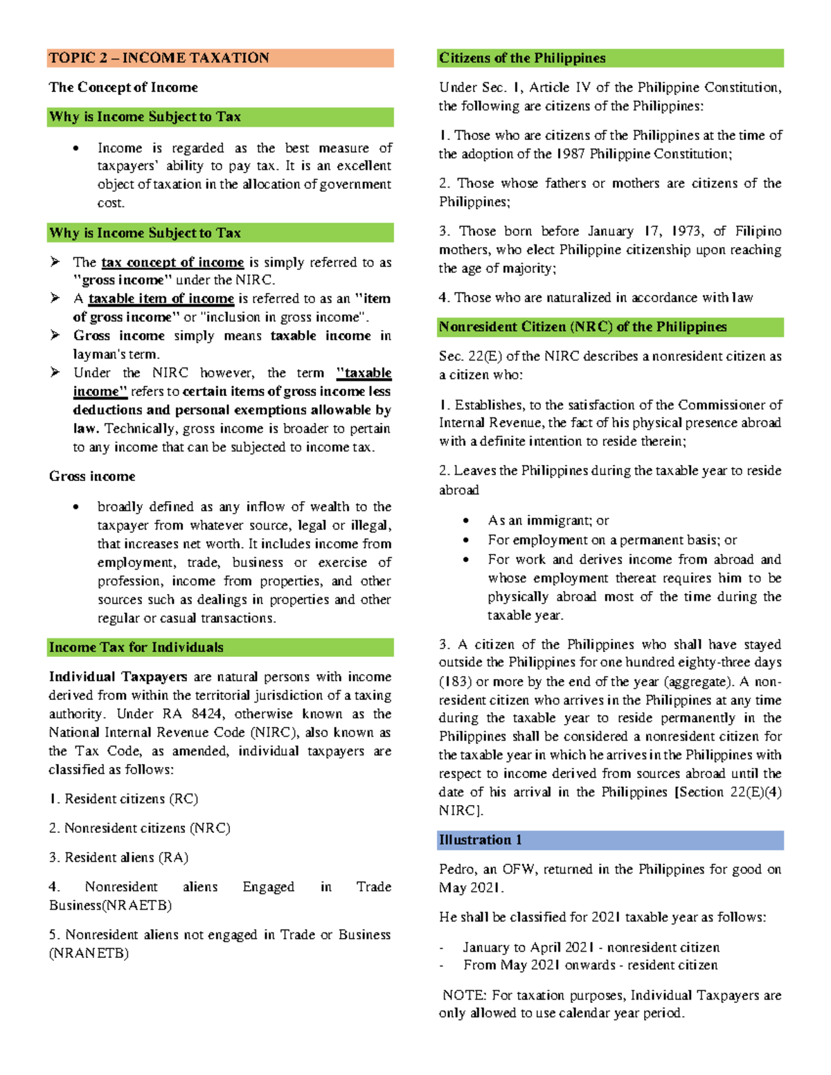 Topic 2: Income Taxation in the Philippines - Key Concepts and ...