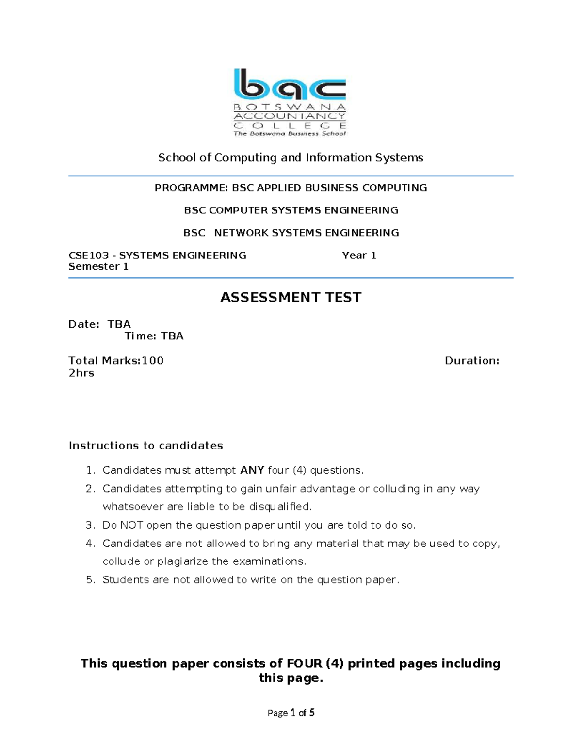 CSE103 Systems Engineering Semester 1 Assessment Test Questions - Studocu